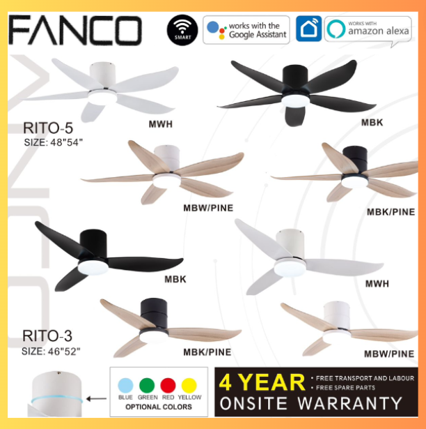 Fanco RITO-3 RITO-5 Black White Pine Wood Smart Ceiling Fan | Lazada ...