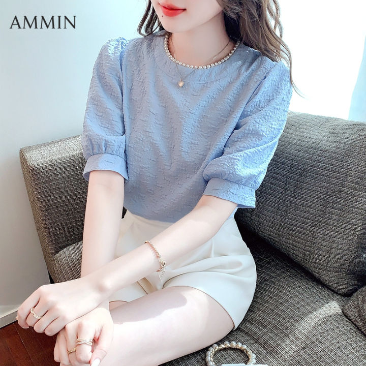 AMMIN Korean Style Ladies Round Neck Beaded Puff Sleeve Chiffon Top ... AMMIN Korean Style Ladies Round Neck Beaded Puff Sleeve Chiffon Top ...