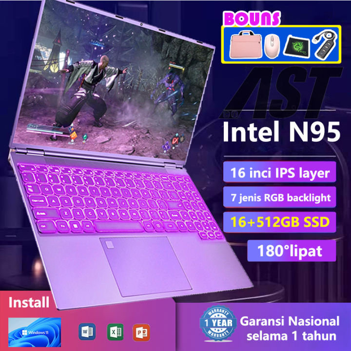 laptop baru 16 inci ungu Intel N95 ram 16+512 gb ssd bisa 180° lipat ...