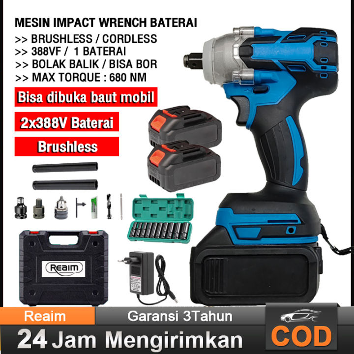 Cordless Impact Wrench Brushless 388V 680N/M Mobil Impact Baterai Mesin ...