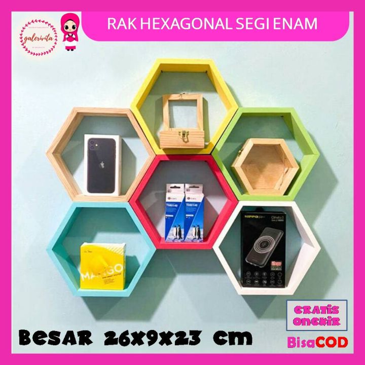 Rak Hexagonal Segi Enam Satu Set Isi 3 Rak Hiasan Dinding 3in1 Rak