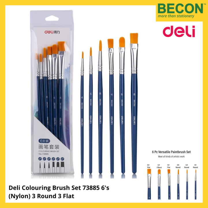 Deli Colouring Brush Set 73885 6's (Nylon) 3 Round 3 Flat | Lazada