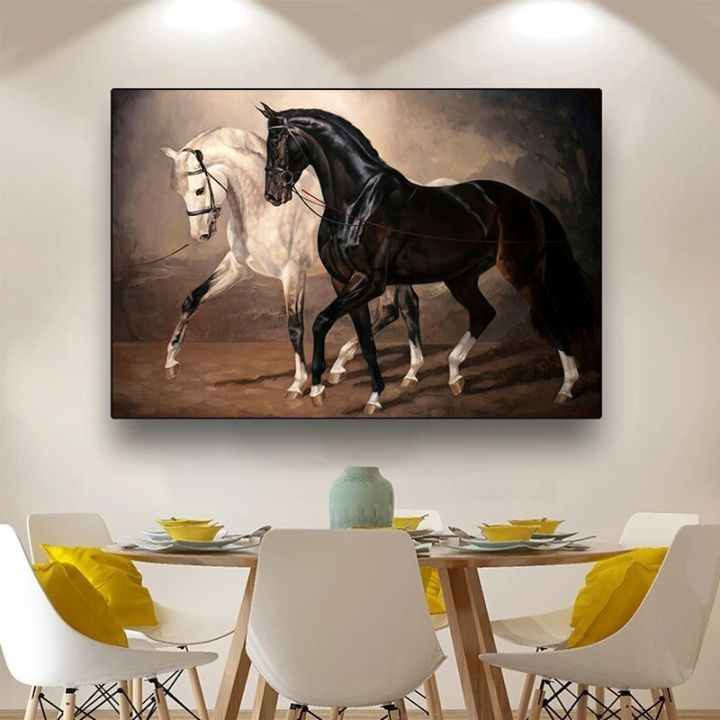 Kuda hitam dan putih kuda Vintage Poster cetak-dua kuda haiwan kanvas ...