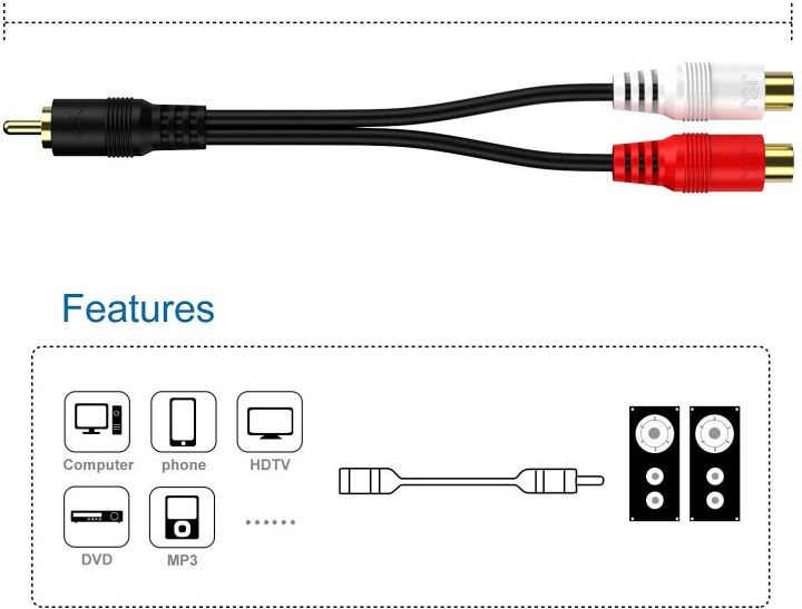 Subwoofer Cable Splitter, RCA 1 Male to 2 Female Audio Speaker Y ...
