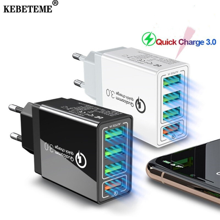 KEBETEME EU/US Plug Quick Charging QC 3.0 4 USB Charger Portable ...