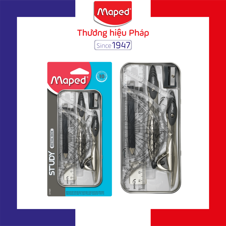 MAPED - Compa kim loại hộp thiếc set 10 (Compa chì gỗ, Compa ruột chì ...