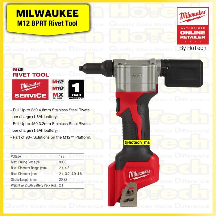 MESIN RIVET TOOL | M12 BPRT (UNIT ONLY) | PAKU RIVET MILWAUKEE | Lazada ...