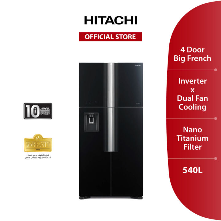 Hitachi Inverter 4 Door Big French Refrigerator 540L (Glass Black) (R ...