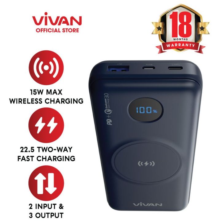 VPB-W20 Power Bank 20000 mAh Wireless 3 Output Fast Charging 15W QC3.0 ...