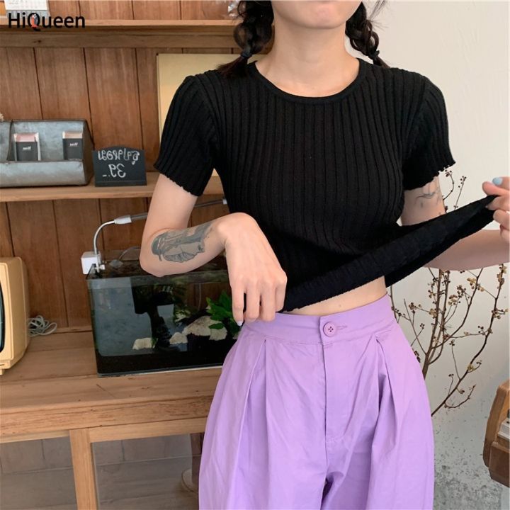 HiQueen เสื้อครอปคอกลมถักแขนสั้นสำหรับผู้หญิง,เสื้อยืดสีทึบเข้ารูปพอดี ...