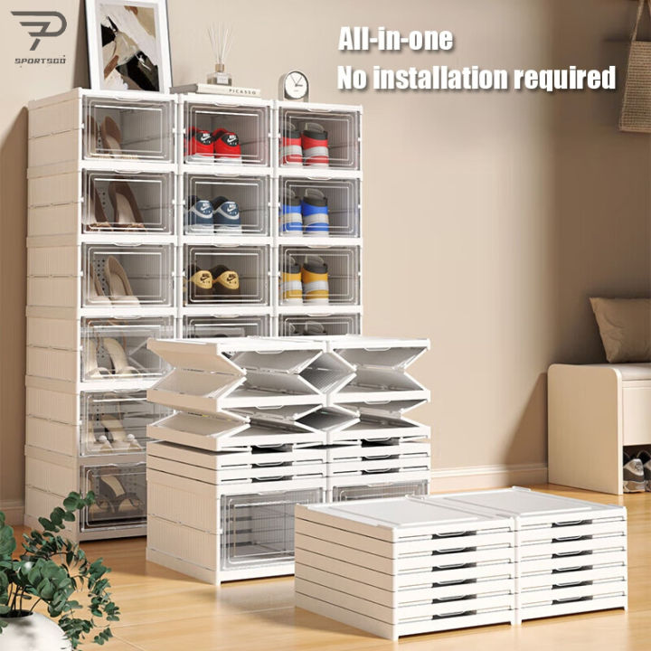 9 Layers Foldable Stackable Shoe Box Rack Organizer Plastic Organizer Storage Case Set Shoe Rack ...