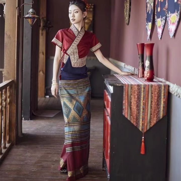 COD Xishuangbanna Traditional Dai Costume Wine Red Straight Skirt Suit ...