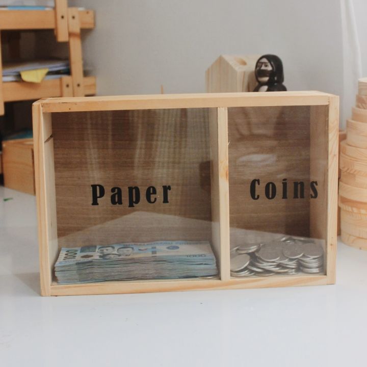 Alkansya / wood coin bank dual slots for Paper bills and coins ...