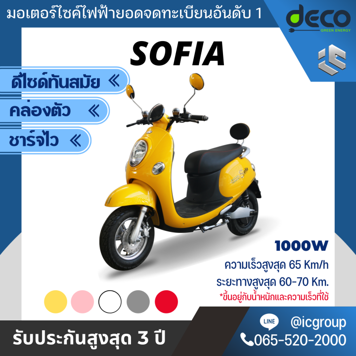 มอเตอร์ไซค์ไฟฟ้า Deco รุ่น Sofia 1000w จดทะเบียนได้ เล็กกระทัดรัด มาพร้อมกับหน้าจอ Digital ขับ ...