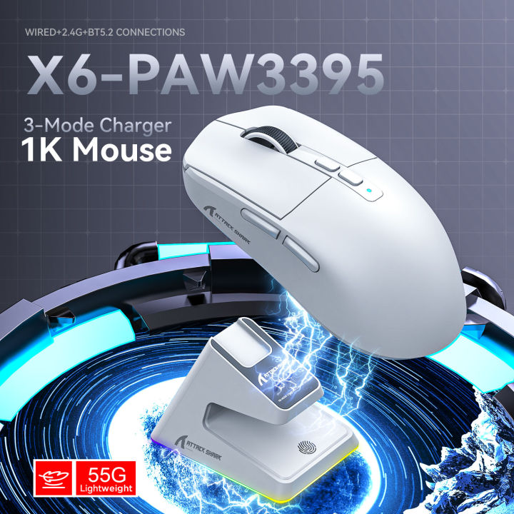 X6 PAW3395 Bluetooth Mouse, Tri-Mode Connectivity, RGB Touch Magnetic Charging Dock, ro Gaming ...