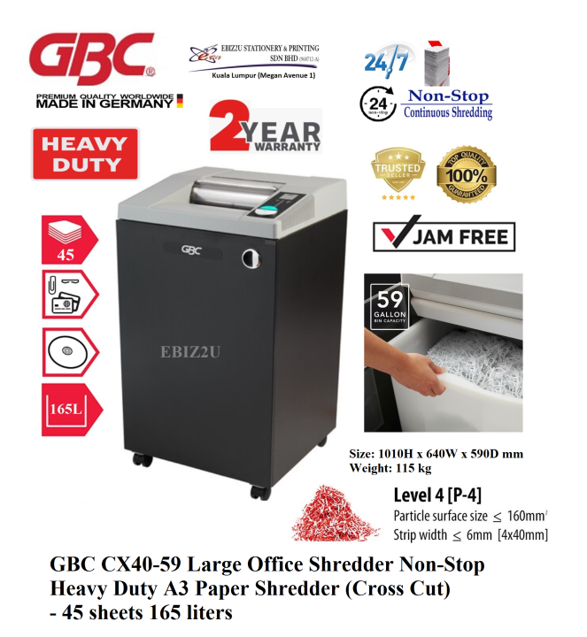 GBC CX40-59 Large Office Shredder Non-Stop Heavy Duty A3 Paper Shredder ...