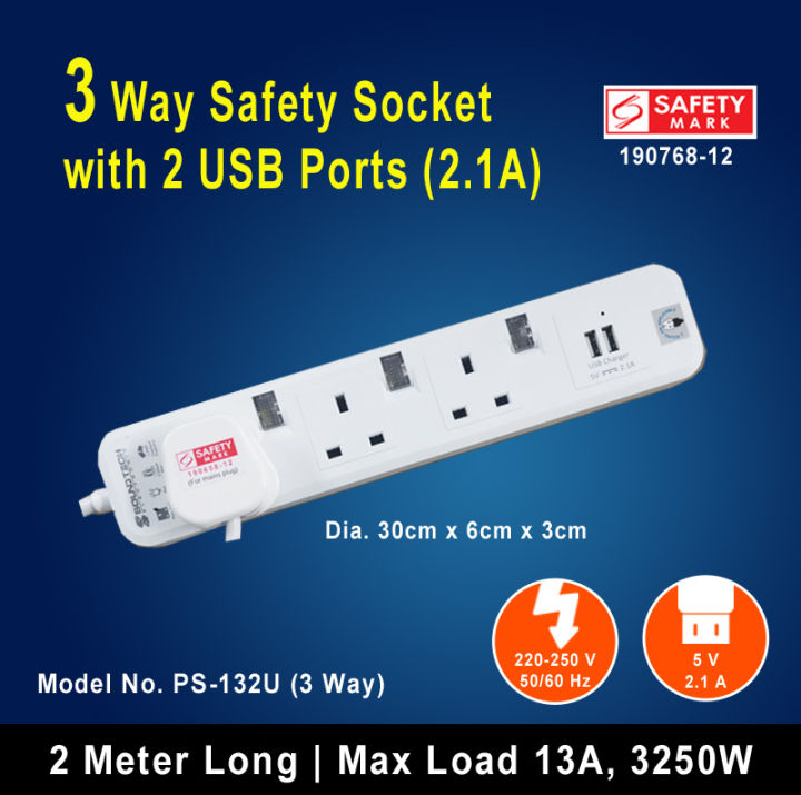 3 Way Extension Socket with 2 USB Ports (2.1A) 2 Meters | Lazada Singapore