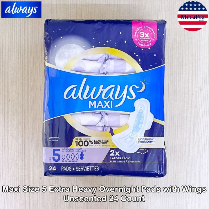Always® Maxi Size 5 Extra Heavy Overnight Pads with Wings Unscented 24 ...