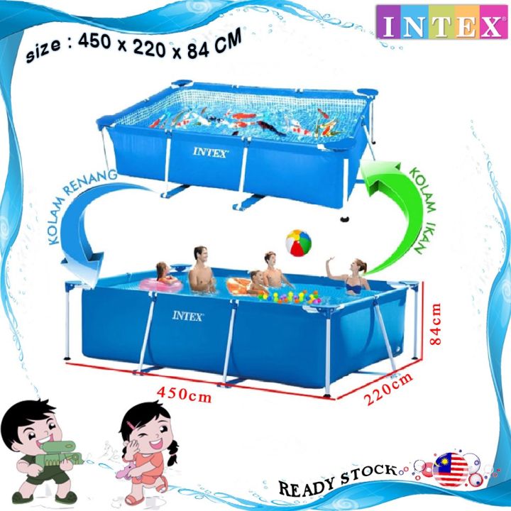 INTEX 28273 Kolam Renang Rangka Segi Empat 4.50 Meter dengan Penyangga Paip PVC untuk Keluarga ...