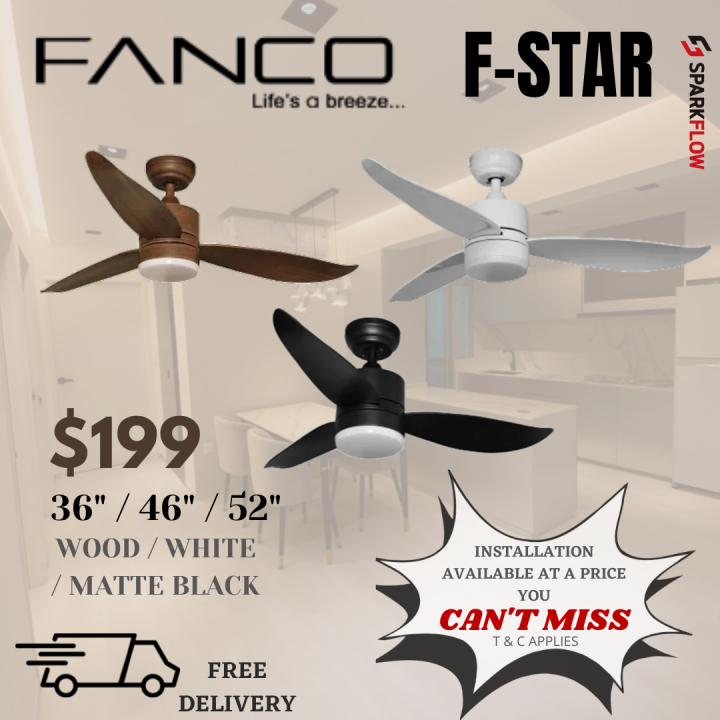 Fanco Fstar ceiling fan 36/46/52 inch dc motor with 3 tone led light ...