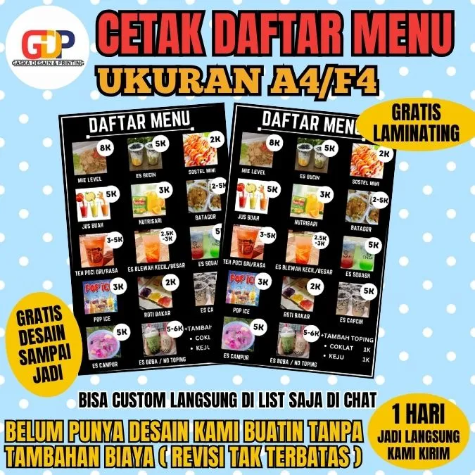 cetak daftar menu usaha jualan camilan/ minuman/ rumah makan/ cafe ...