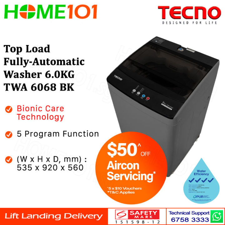 Tecno Top Load Fully Automatic Washer (6kg) TWA 6068 BK | Lazada Singapore