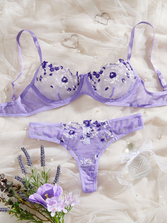 Purple Sexy Lingerie Woman Lace Transparent Underwear Fairy Embroidery ...