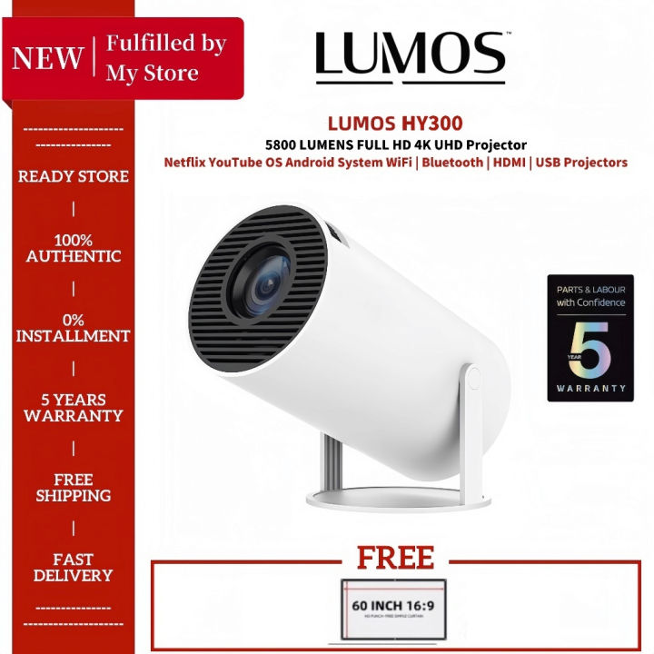 LUMOS HY300 Projector Full HD 4K Wi-Fi Bluetooth HDMI Netflix YouTube OS Android System ...