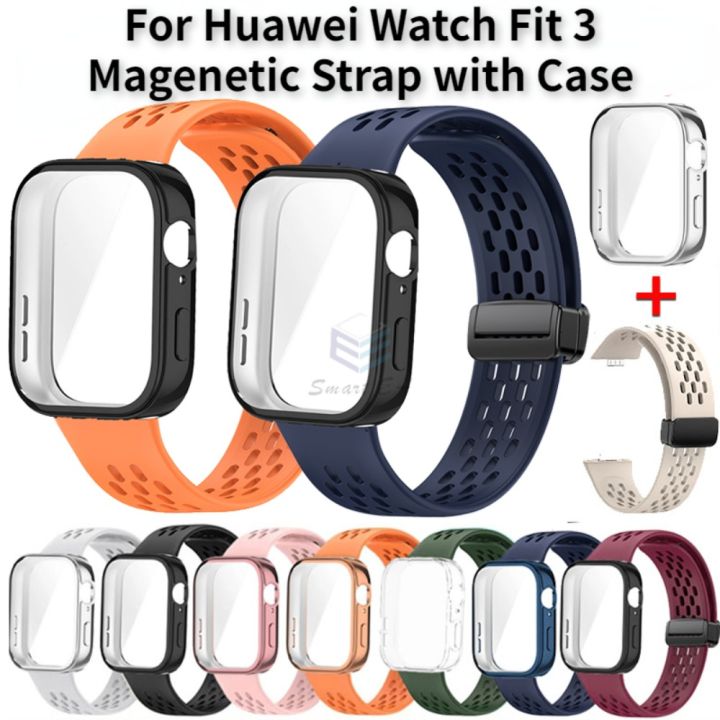 สายรัดซิลิโคนพร้อมเคสสำหรับ Huawei Watch Fit 3 สายพร้อมตัวป้องกันหน้าจอ