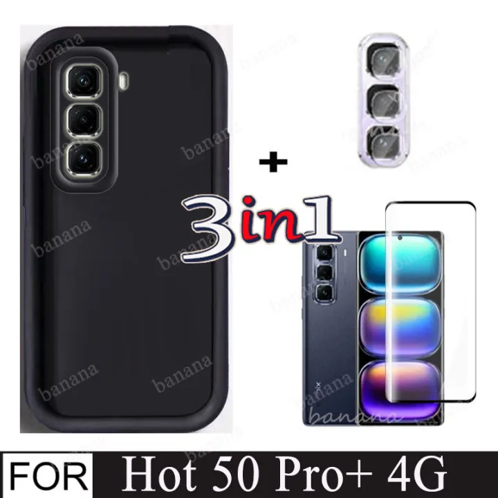 3in1 Infinix Hot 50 Pro Plus 4Gซิลิโคนอ่อนนุ่มปกหลังสําหรับInfinixHot50Pro + กระจกนิรภัยโค้ง ...