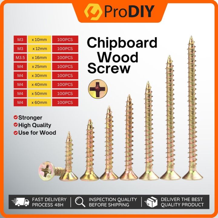 M3 M3.5 M4 Chipboard Wood Screw 100PCS Self Tapping Flat Head 10 - 65mm ...