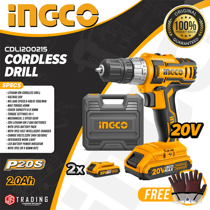 Ingco 20V Lithium-Ion Cordless Drill P20S T CDLI200215 IPT High Quality and Heavy Duty ...