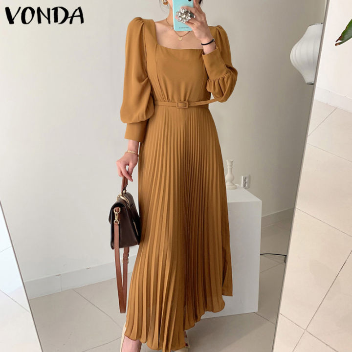 VONDA Women Long Sleeve Solid Color High Waist Maxi Dress (Korean ...