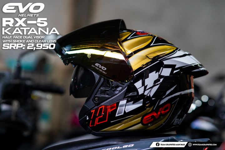 EVO RX-5 KATANA GOLD RED (RED IRIDIUM LENS) HALF FACE DUAL VISOR HELMET ...