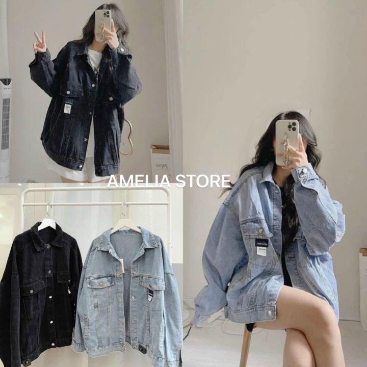(ẢNH THẬT) Áo khoác jean nữ trơn from rộng UNISEX màu đen, xanh, Áo ...