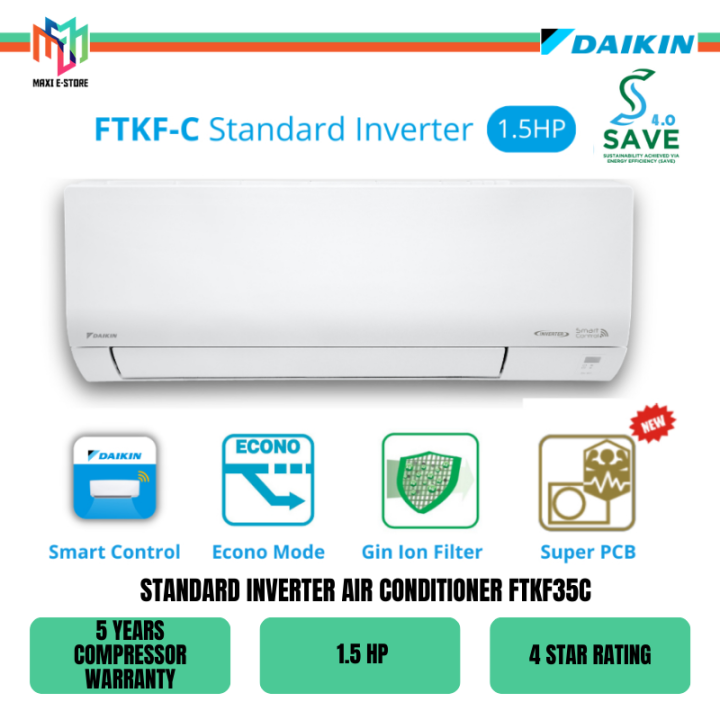 Daikin FTKF35C Standard Inverter Air Conditioner FTKF R32 Aircond 1.5HP 4 Star Rating FTKF35CLF ...