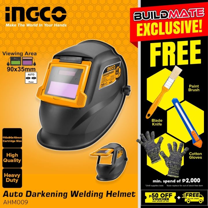 BUILDMATE Ingco Solar Powered Auto Darkening Welding Helmet Mask ...
