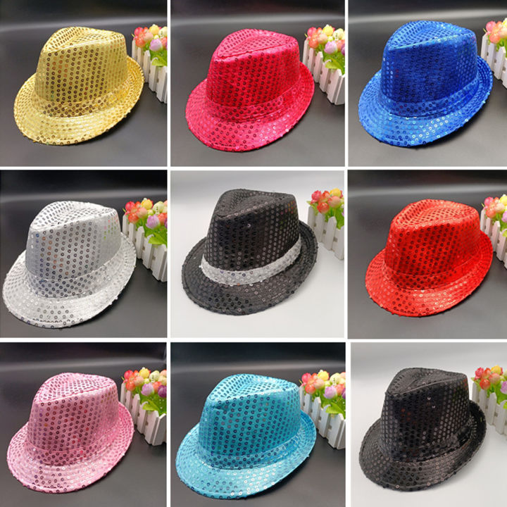 Shining Short Brim Hemming Jazz Hat Adult Kids Sequins Decorated Stage ...