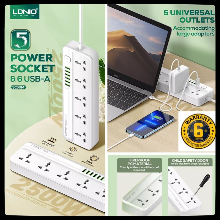 LDNIO SC5614 2-Meter Extension Cord with 5 Socket Outlets and 4 USB ...