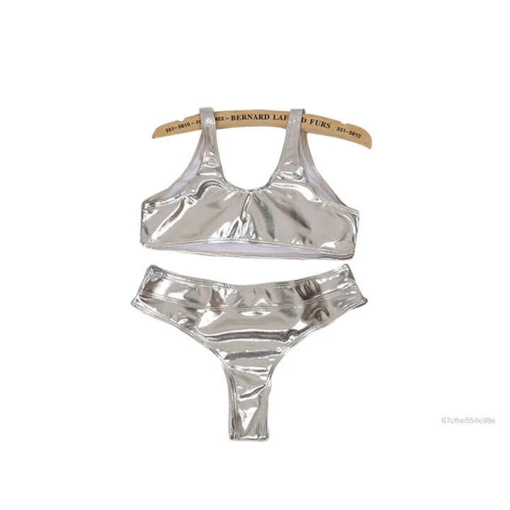 Women Reflective Golden Silver Swimsuit Two-piece Set Metal Color ...