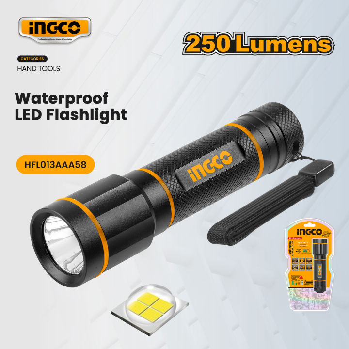Ingco LED Flashlight 250 Lumens 160M 3AAA Alkaline Battery Flash Light ...