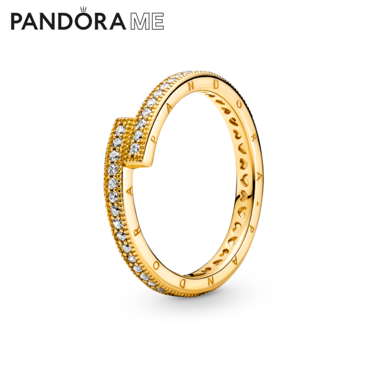 Pandora Pandora logo 14k gold-plated ring with clear cubic zirconia ...