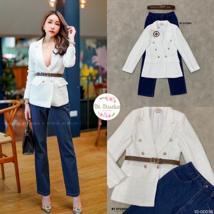 งานป้าย BT-Studio set 3ชิ้นเสื้อเบเซอร์เนื้อผ้าทวิสต์สีขาวงานสวยมาก แต่งกระดุมทองปั๊มลาย 6เม็ด ...