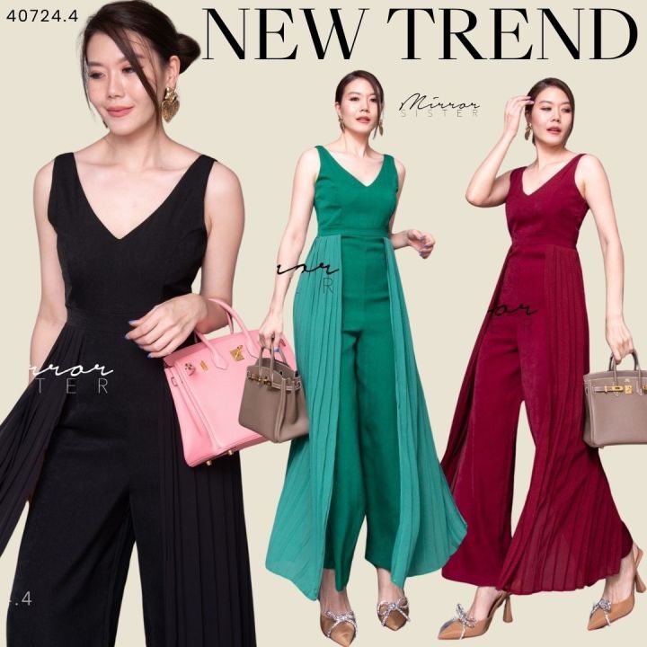🔖Mirrorsister 40724.4 จัมพ์สูทขายาว เป็นทรงแขนกุด คอวี ช่วงอกเสริมบรา ...