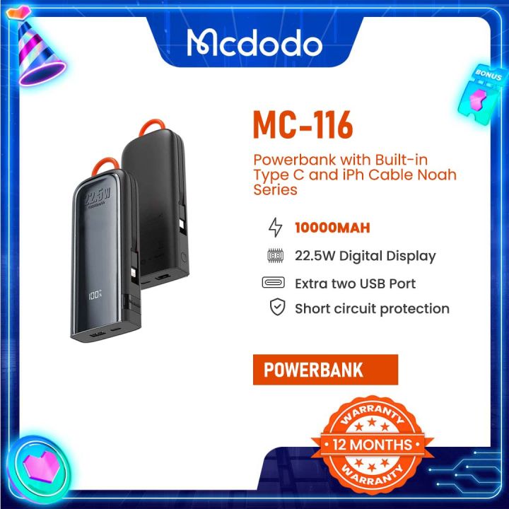 Mcdodo MC-116 22.5W 10000mAh Powerbank with Built-in Type C and iPh Cable Noah Series | Lazada PH