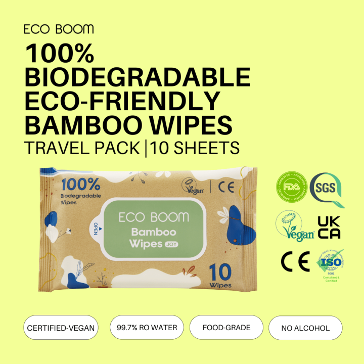 NEW! ECO BOOM Travel Pack Wipes 100% Biodegradable Vegan Bamboo 10 ...