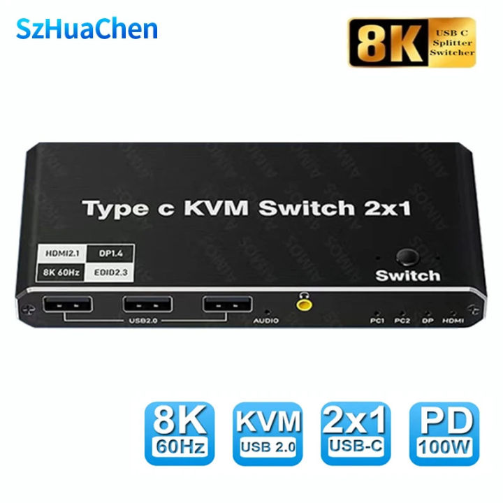 2x1 8K Thunderbolt 4 USB C KVM switch 100W PD charge 4K 144Hz type C KVM switch switcher for 2 ...