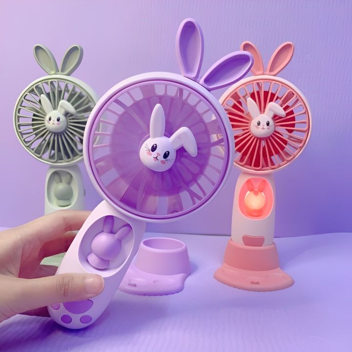 Kawaii Mini Hand - Held Rabbit LED Cartoon Fan with Bracket Phone Stand ...