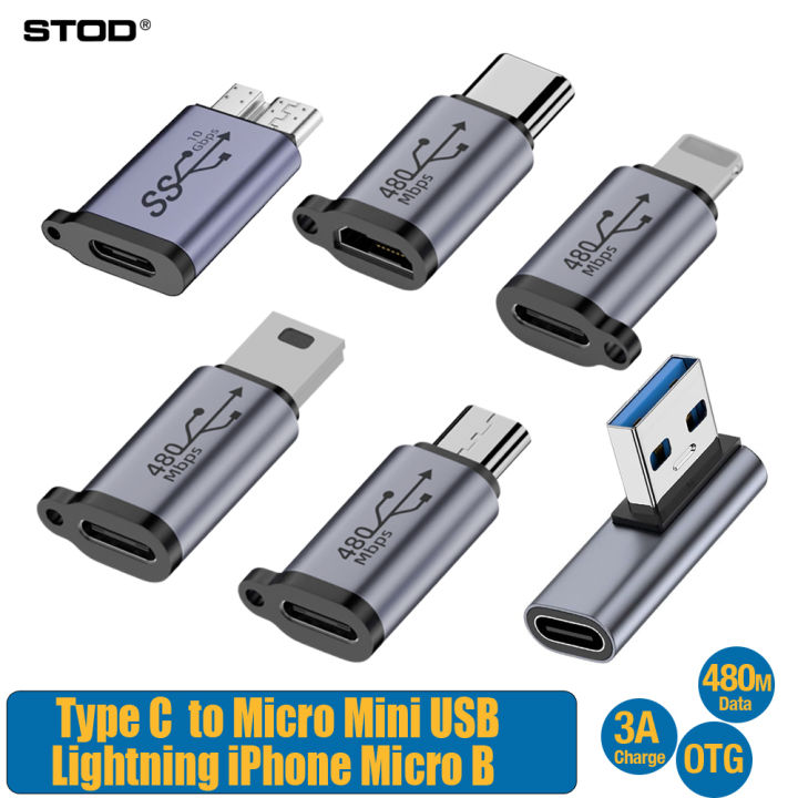 STOD 90 Degree Type c to Micro B Mini USB Adapter Lightning for iPhone ...