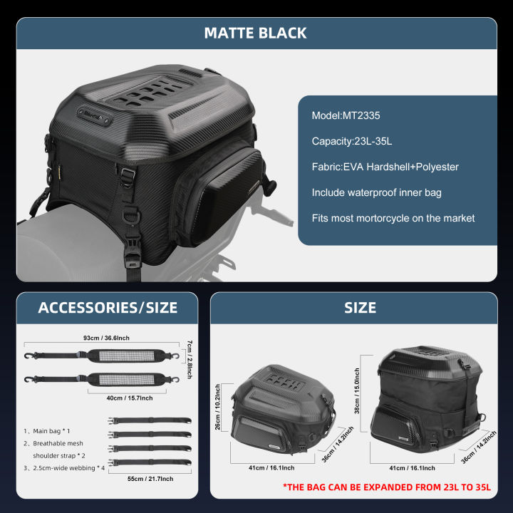 Rhinowalk Motorcycle Rear Seat Bag 23L-35L Expandable Large Capacity ...